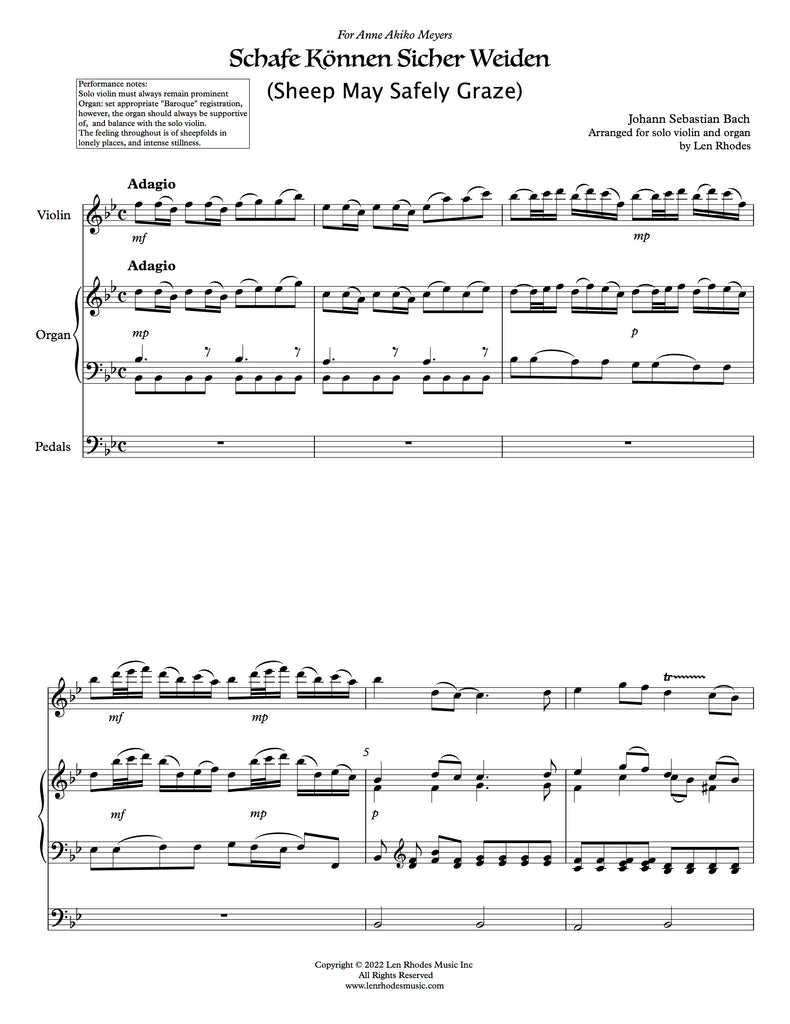 "Sheep May Safely Graze", for Violin and Organ, arranged by Len Rhodes ...