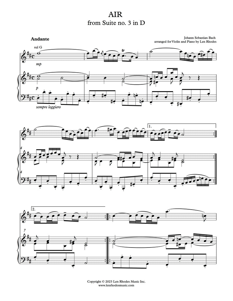 ‘Air’ from Suite no. 3 in D, Bach - Violin and Piano – Len Rhodes Music