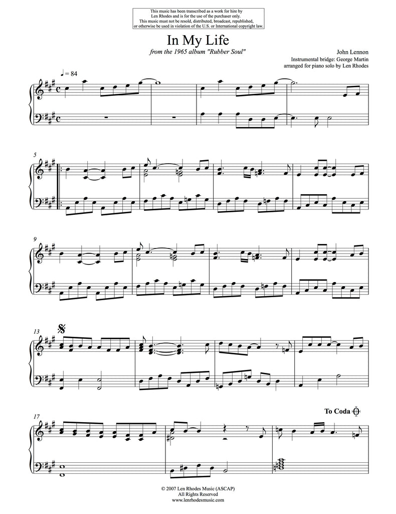 In My Life, The Beatles - piano solo – Len Rhodes Music