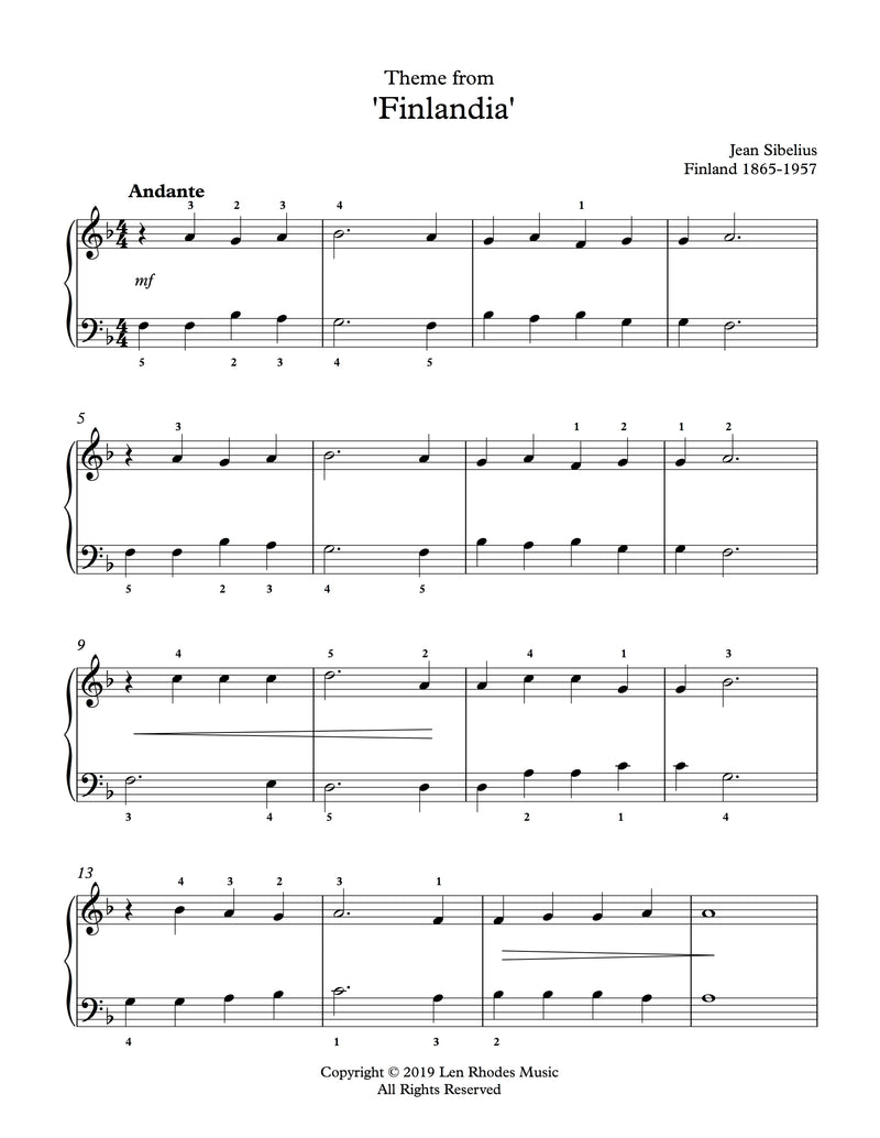 Finlandia, Sibelius - easy Piano – Len Rhodes Music